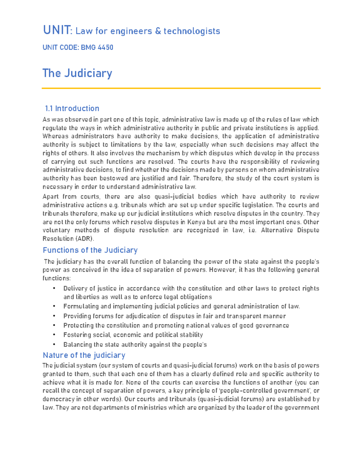 Notes LAW FOR Engineers Judiciary - UNIT: Law for engineers ...