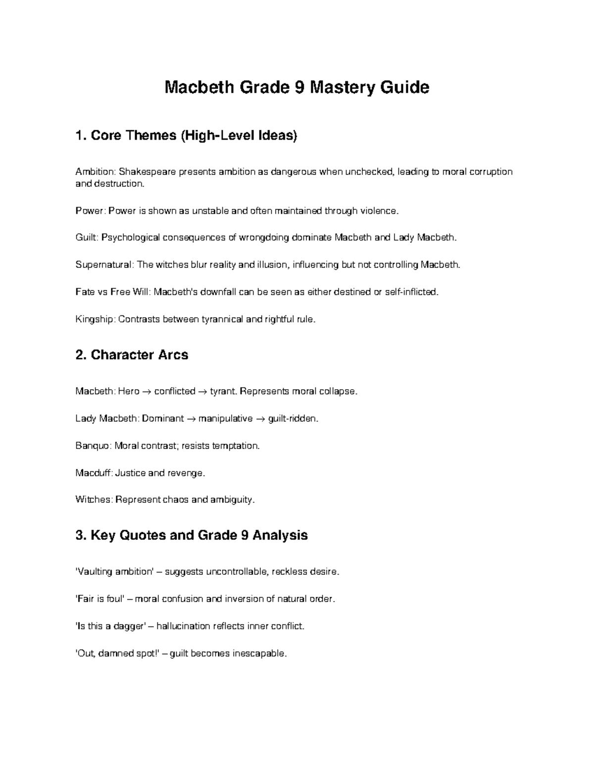 Macbeth Grade 9 Mastery Guide: Core Themes & Character Analysis - Studocu