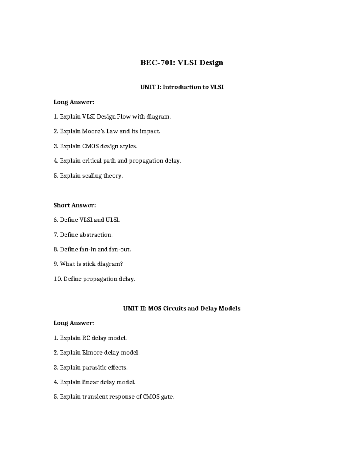 BEC-701 VLSI Important Questions: Key Concepts & Models - Studocu