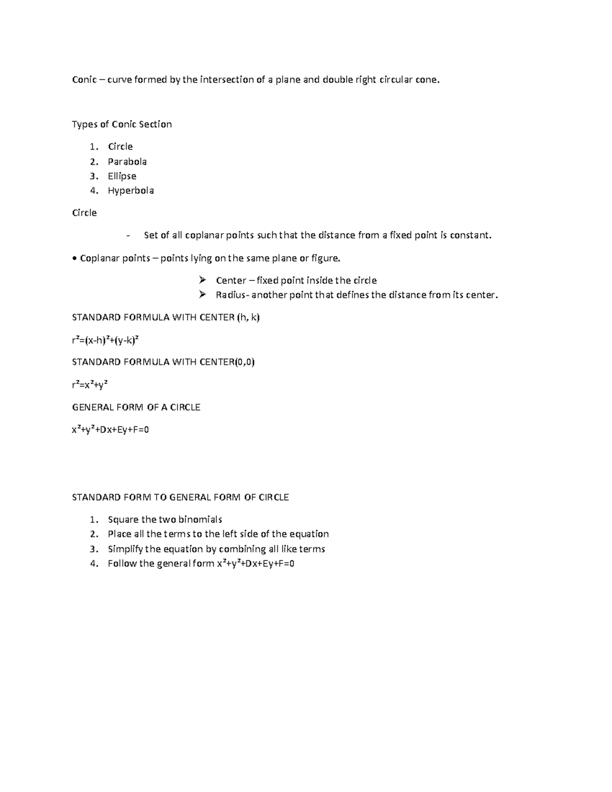 Pre-Calculus: Conic Sections Reviewer and Circle Formulas - Studocu