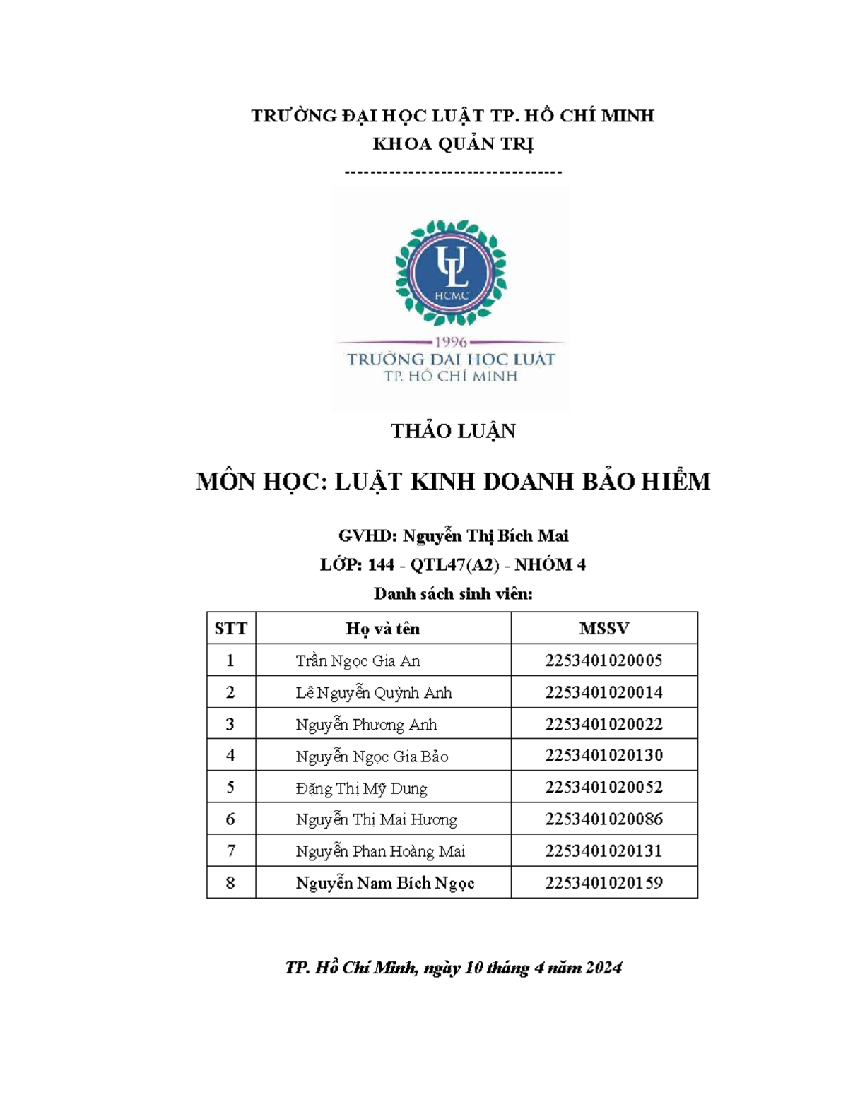 Thảo luận KDBH nhóm 4 - Luật kinh doanh bảo hiểm tại trường đại học ...