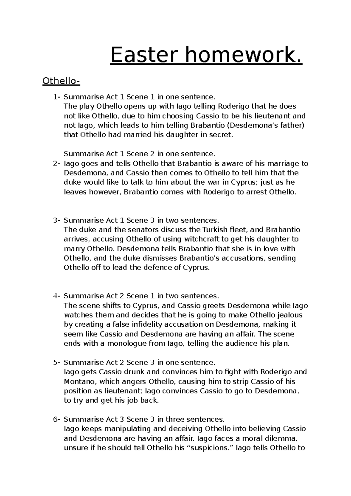 Easter Homework: Summaries of Othello, Lamia, and Isabella - Studocu