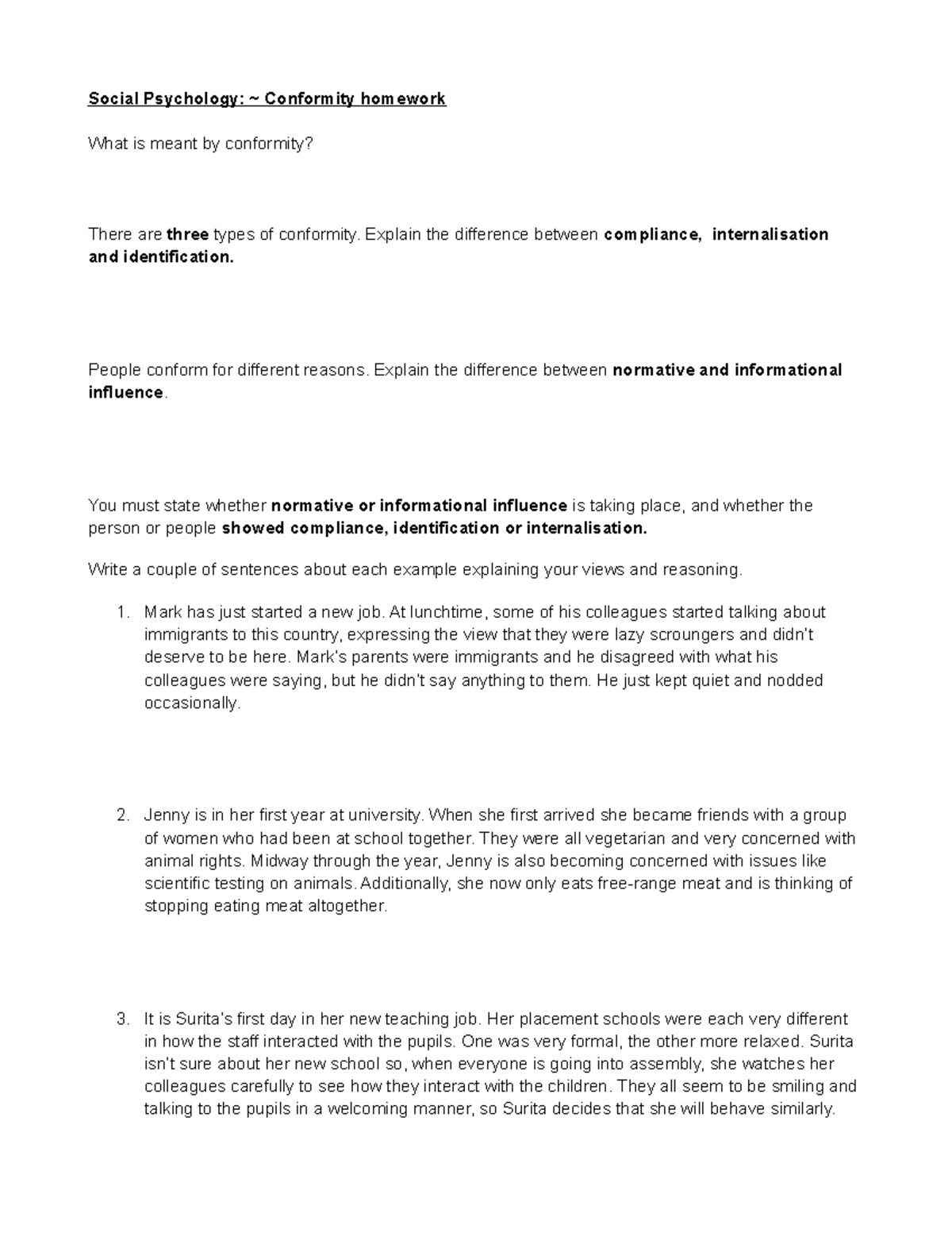 Social Psychology: Conformity Homework Sheet Analysis - Studocu