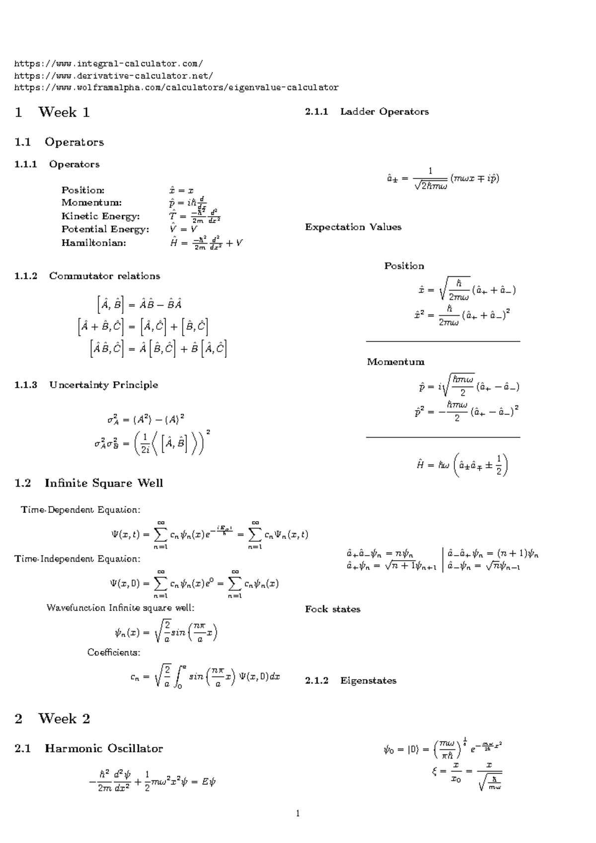 Quantum Mechanics Formula Sheet: Operators & Infinite Square Well ...