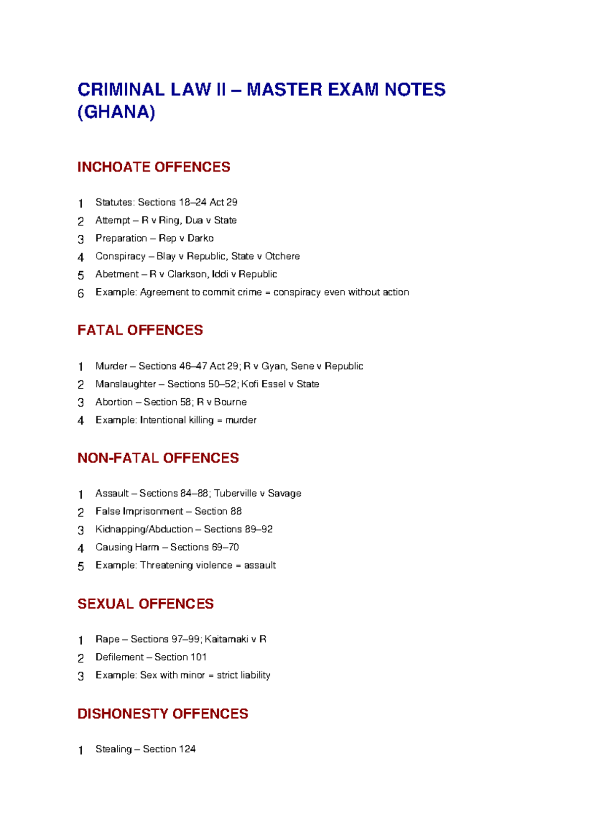 CRIMINAL LAW II MASTER EXAM NOTES (GHANA) - INCHOATE & FATAL OFFENCES ...