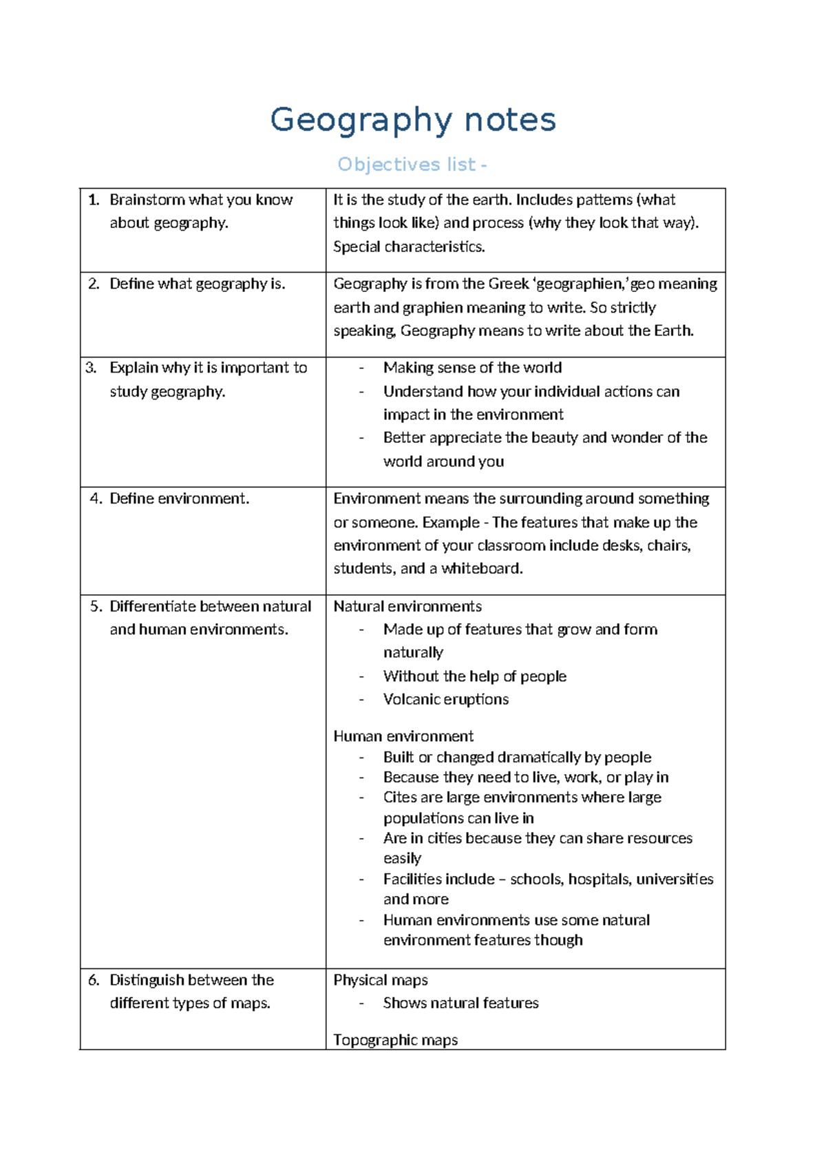 Geography Notes: Key Concepts and Objectives for Study - Studocu