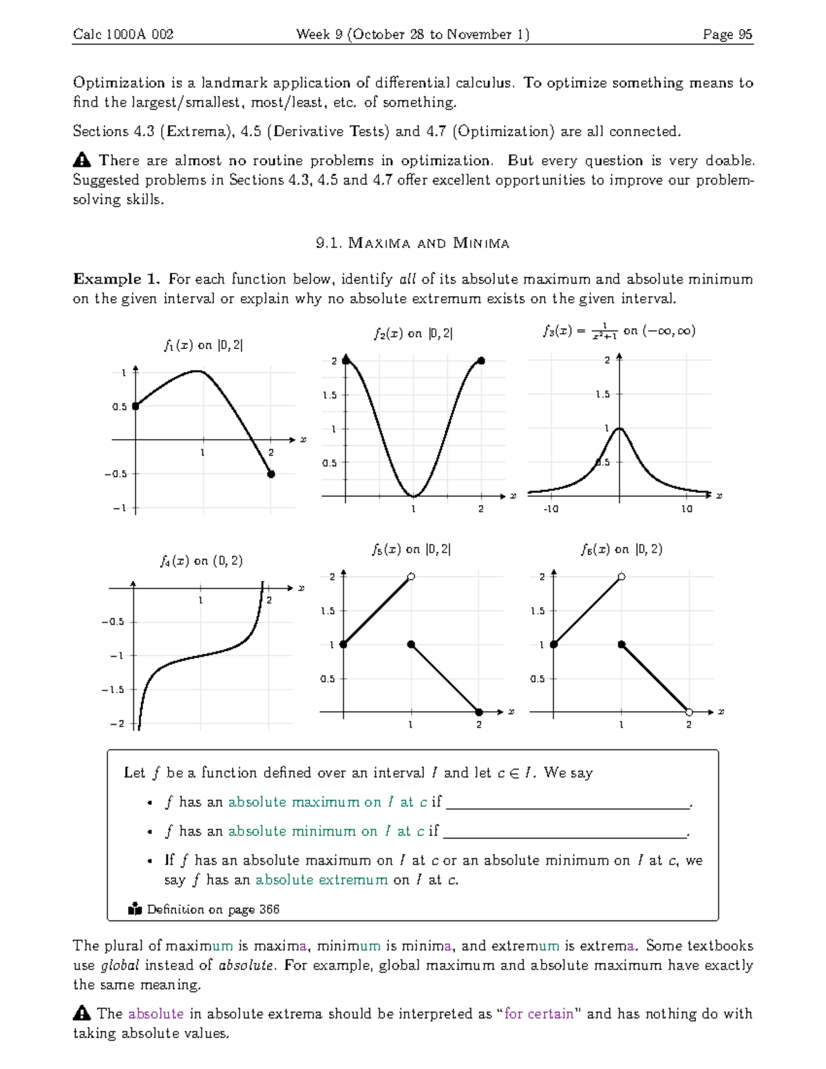 Calc 1000A 002 Week 9 Lecture Notes: Optimization & Extrema - Calc ...