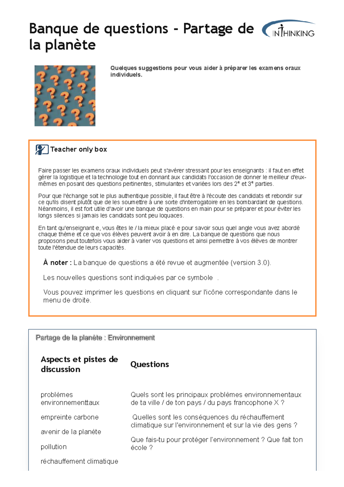 Banque de Questions pour Examens Oraux: Partage de la Planète 3.0 - Studocu