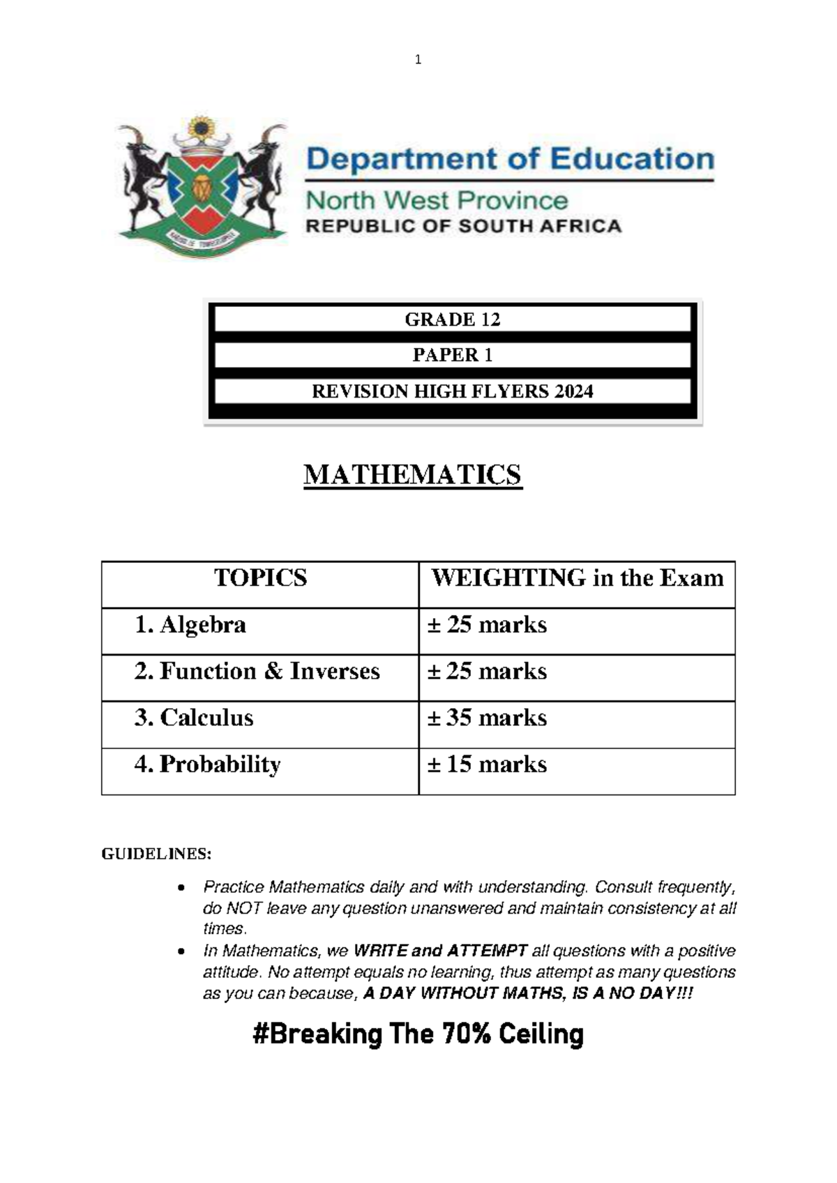 Grade 12 Mathematics P1 Revision: Key Topics & Guidelines 2024 - Studocu