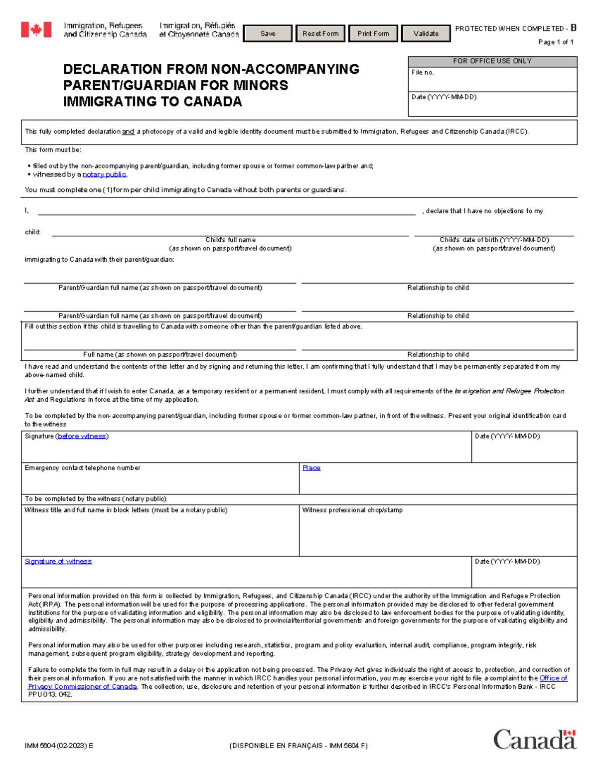 Declaration for Minors Immigrating to Canada - IMM 5604 E Form - Studocu