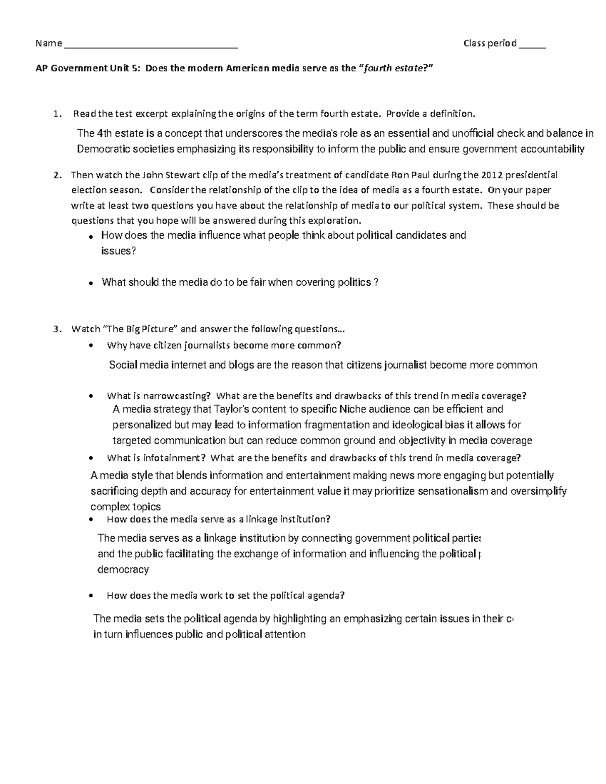 AP Government Unit 5: Analyzing the Media's Role as the Fourth Estate ...