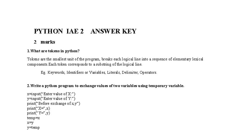 PYTHON IAE 2 FINAL EXAM ANSWER KEY - 2 & 16 MARKS QUESTIONS - Studocu
