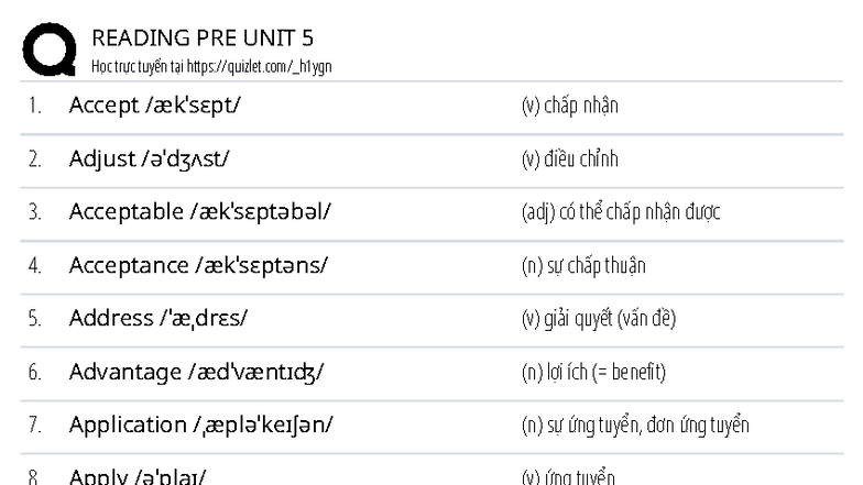 READING PRE UNIT 5 Vocabulary List and Definitions - Studocu