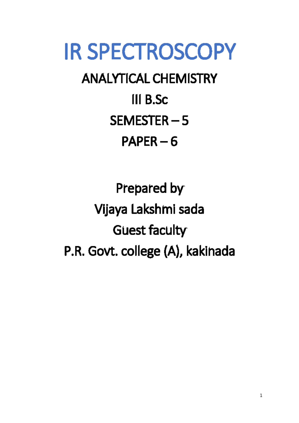 IR SPECTROSCOPY ANALYTICAL CHEMISTRY B.Sc SEM 5 PAPER 6 Notes - Studocu