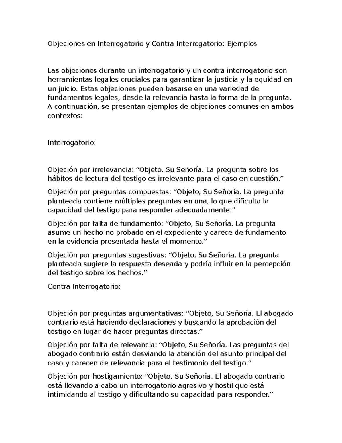 Objeciones en Interrogatorio y Contra Interrogatorio: Ejemplos Claves ...