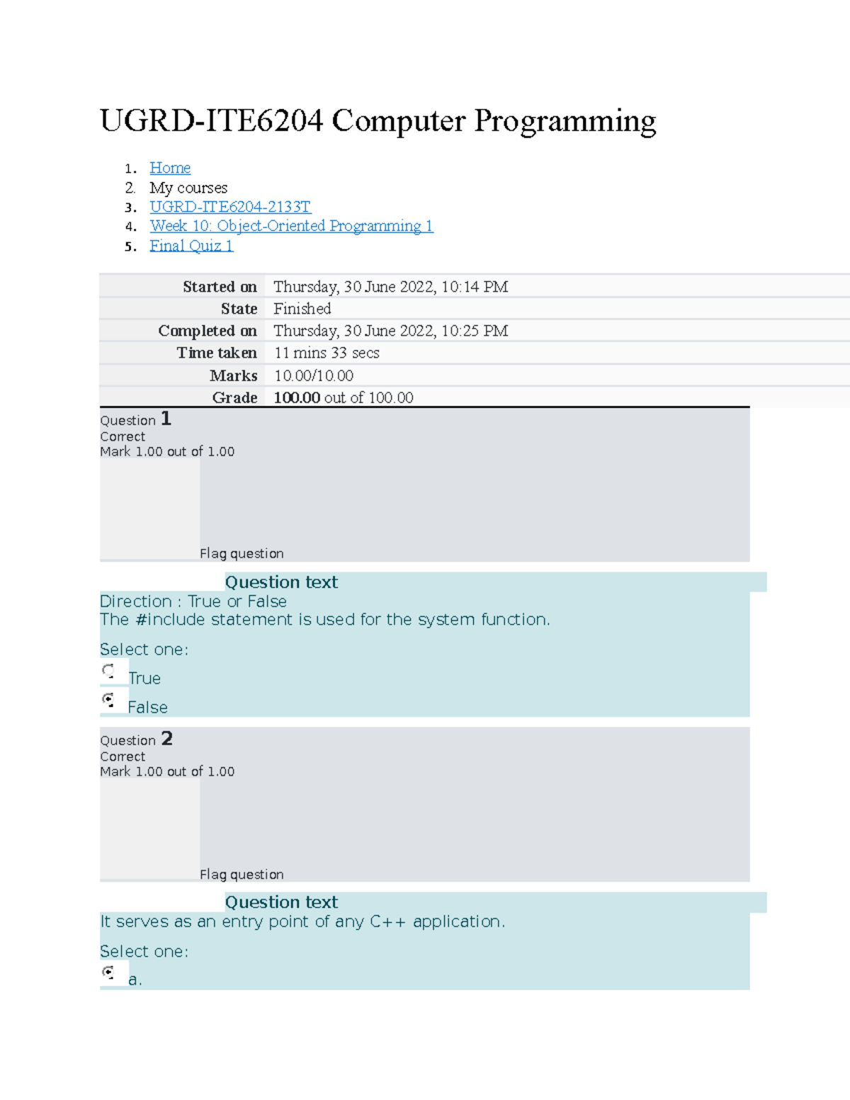 UGRD-ITE6204 Computer Programming Final Quiz 1 - Complete Overview ...