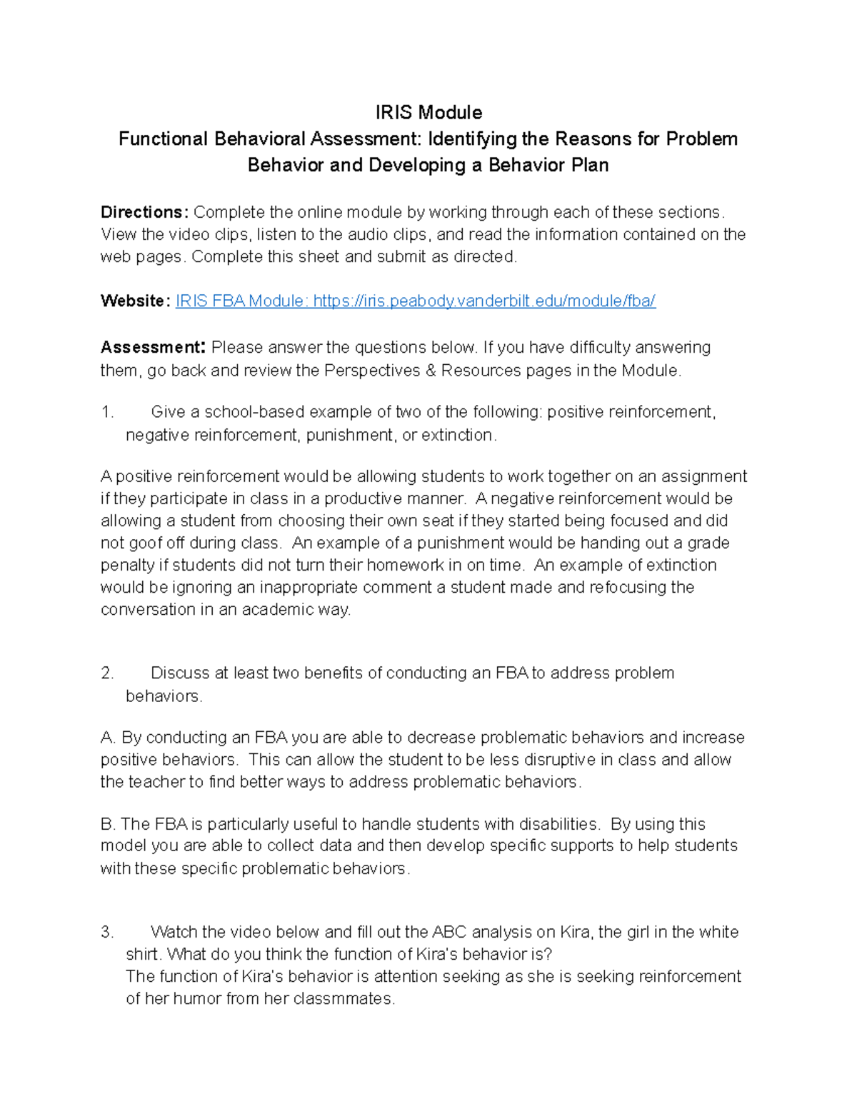 FBA IRIS Module Assignment - IRIS Module Functional Behavioral Assessment: Identifying the ...