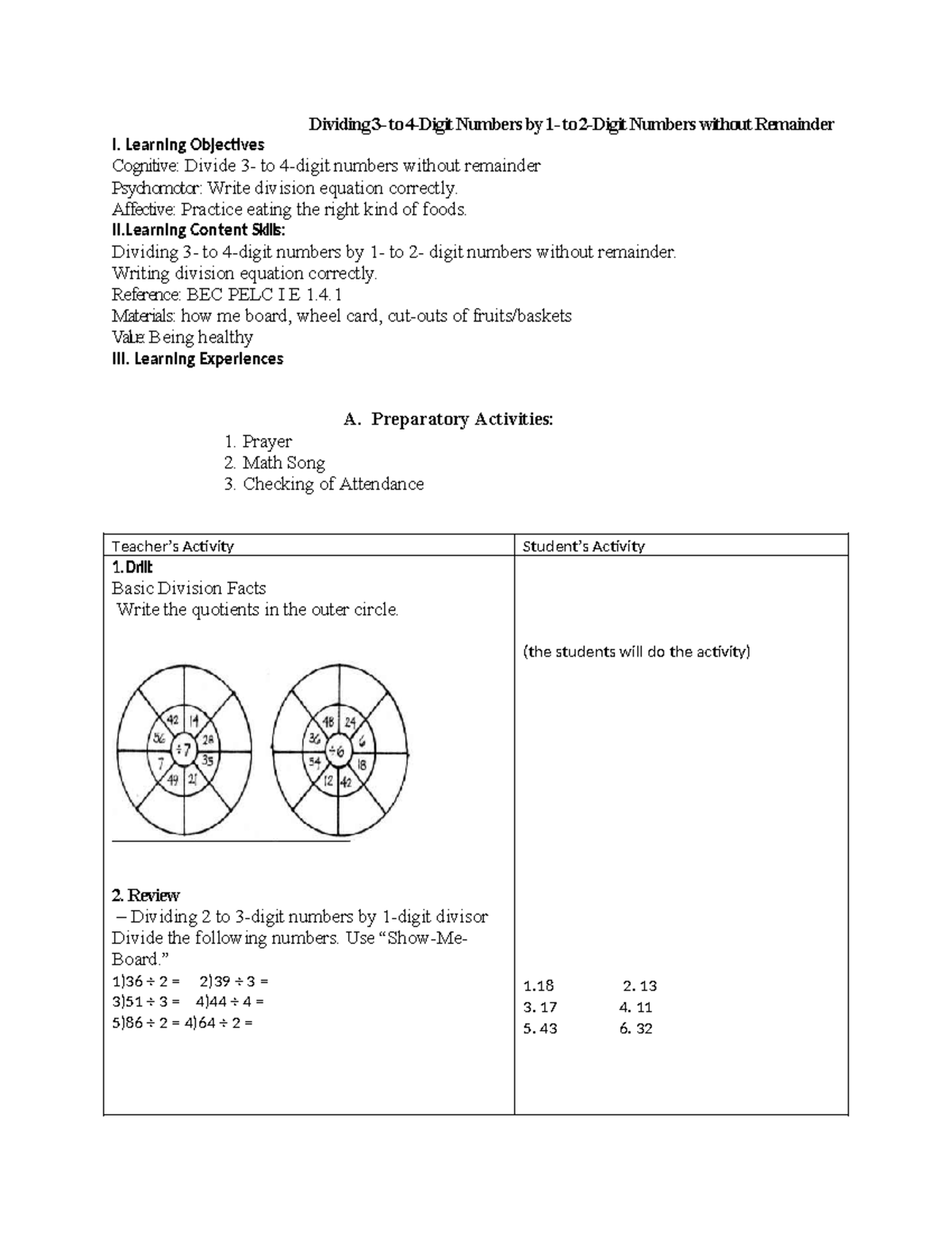 Math Lesson Plan: Dividing 3-4 Digit Numbers (4th Grade) - Studocu