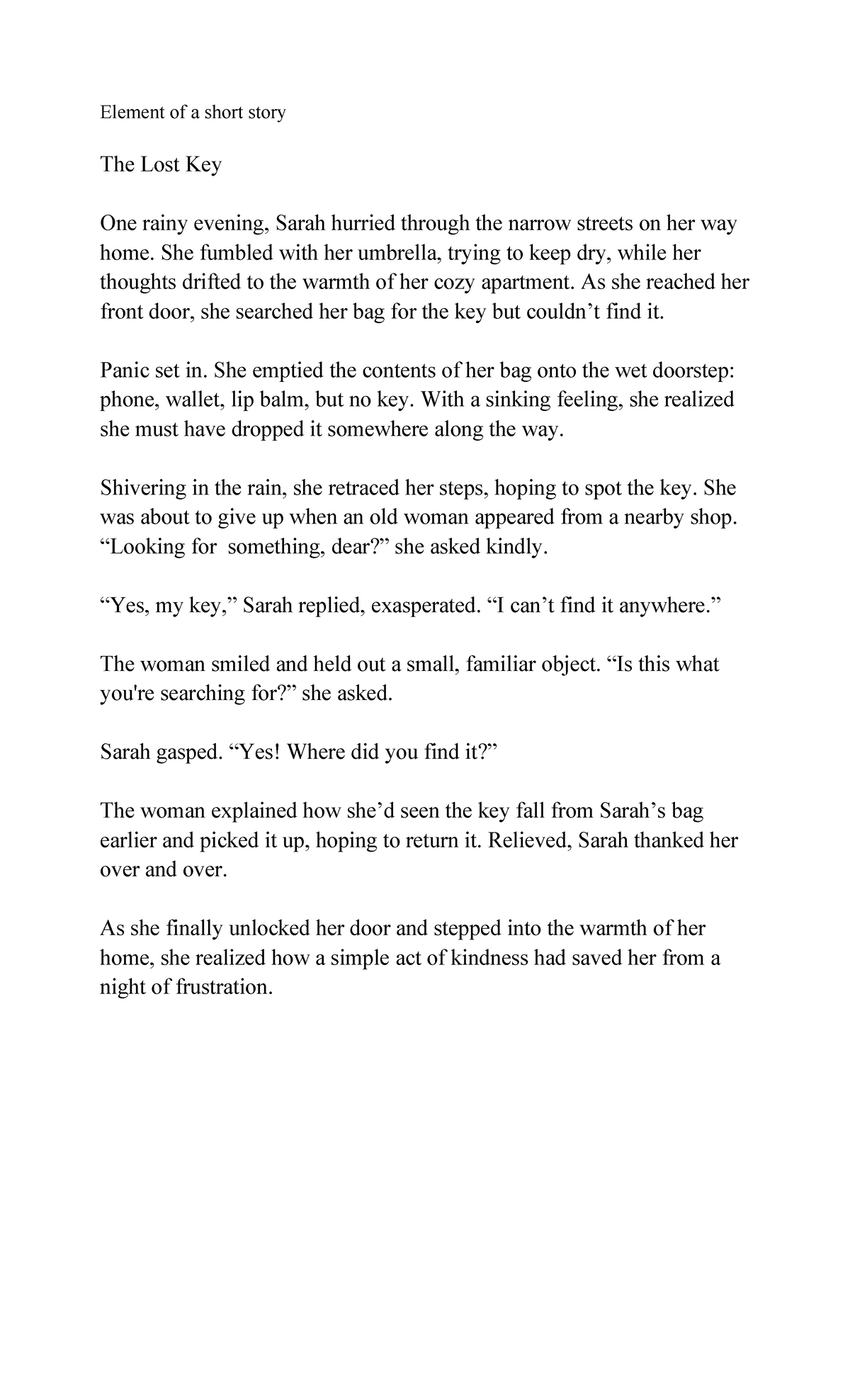 Elements of a Short Story: The Lost Key Analysis - Studocu