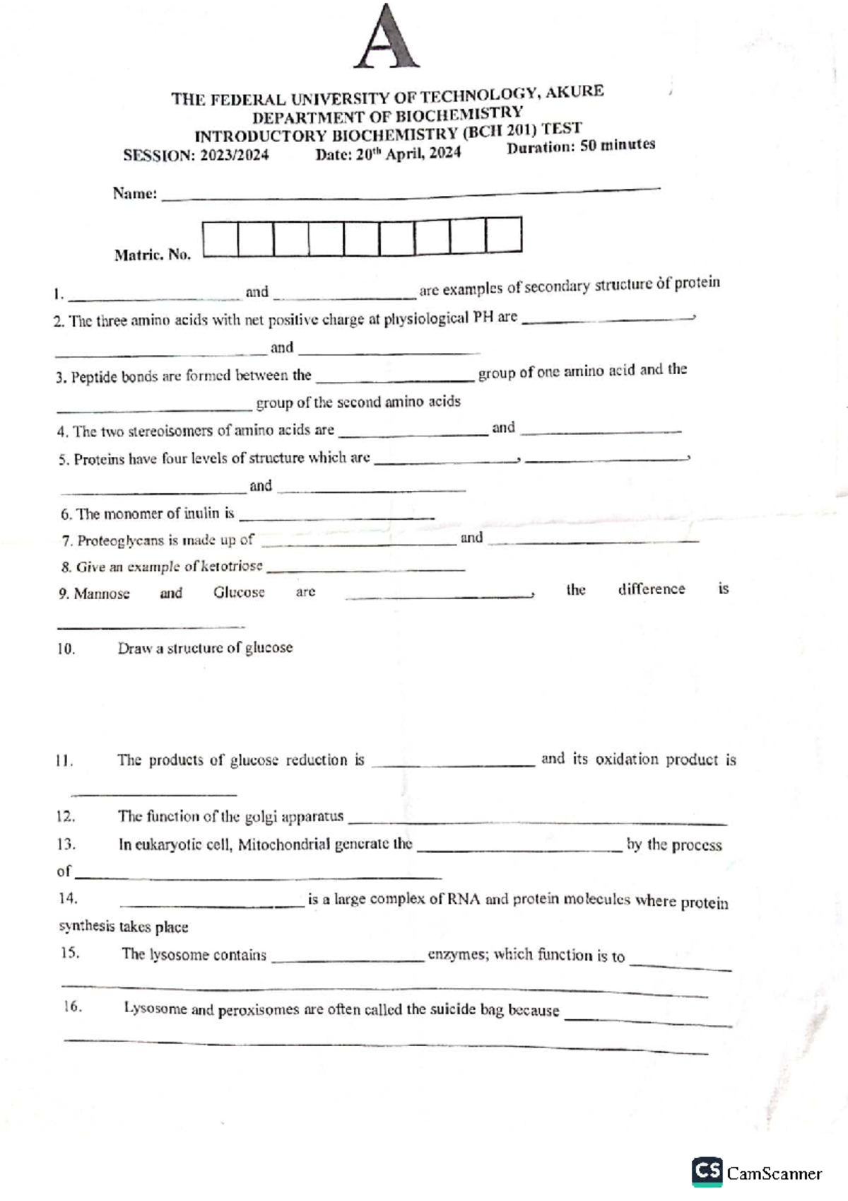 BCH 201 Introductory Biochemistry Test Questions (Types A-D) - Studocu