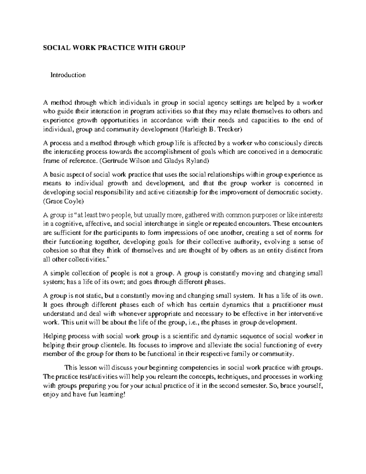 Social WORK Practice: Group Dynamics and Program Media Insights - Studocu