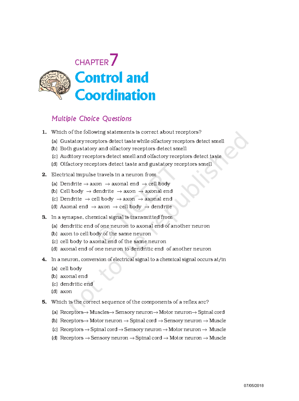 CHAPTER 7 Control and Coordination: MCQs and Exemplar Problems - Studocu