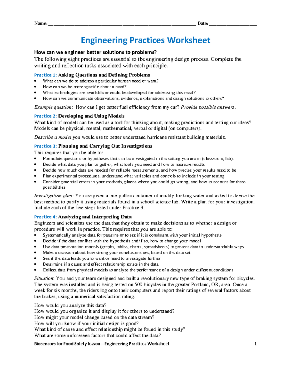 ENGR 101: Engineering Practices Worksheet on Biosensors for Food Safety - Studocu