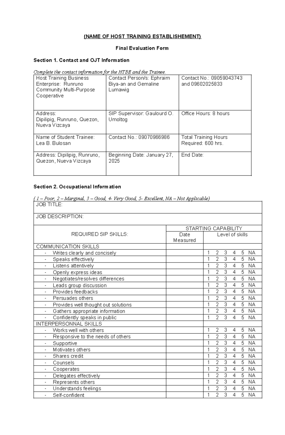 Attachment 10 Final Evaluation Form - (NAME OF HOST TRAINING ...