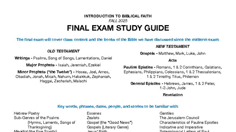 Introduction to Biblical Faith (BF) Final Exam Study Guide - Fall 2025 ...
