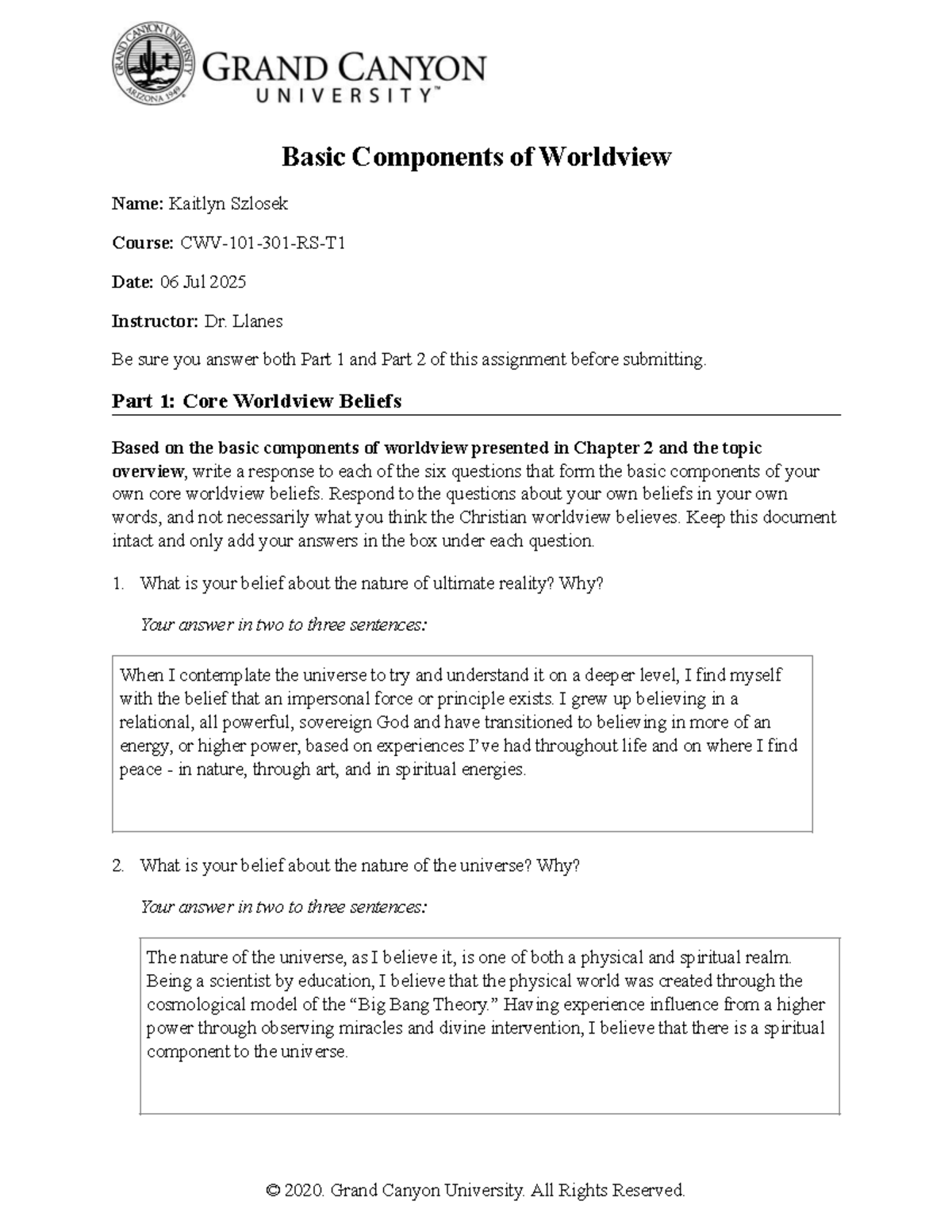 Basic Components of Worldview (Course Code: 2020) - Assignment by ...