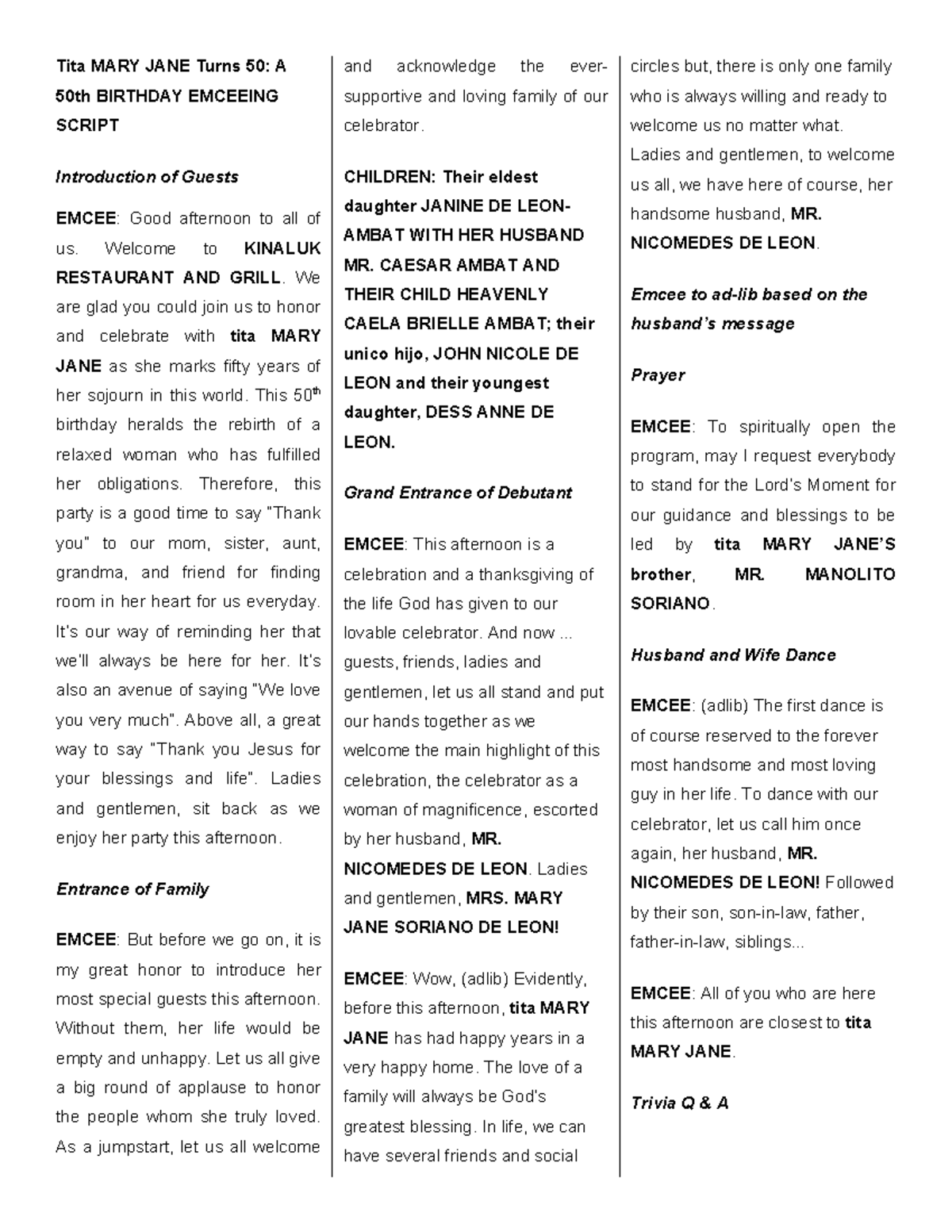 50th Birthday Emcee Script for Tita Mary Jane's Celebration - Studocu