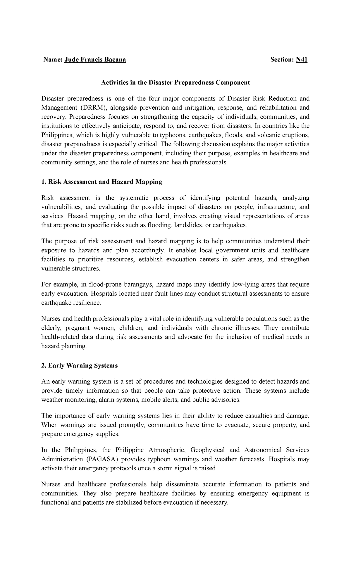 Disaster Nursing N41: Key Activities in Disaster Preparedness - Studocu