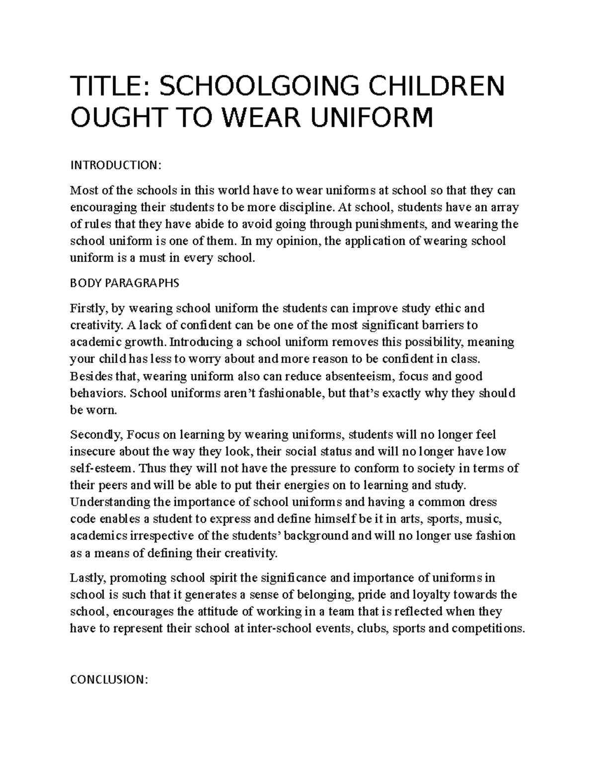 Schoolgoing Children Ought TO WEAR Uniform - TITLE: SCHOOLGOING ...