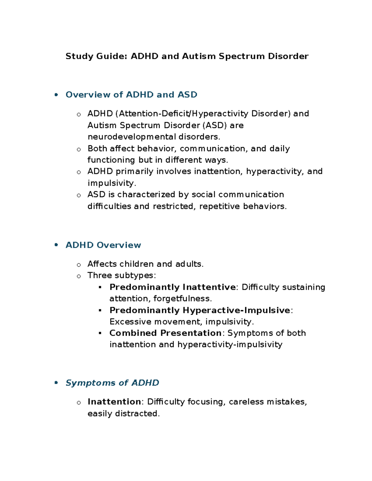 Study Guide: ADHD and Autism Spectrum Disorder Overview - o Both affect ...