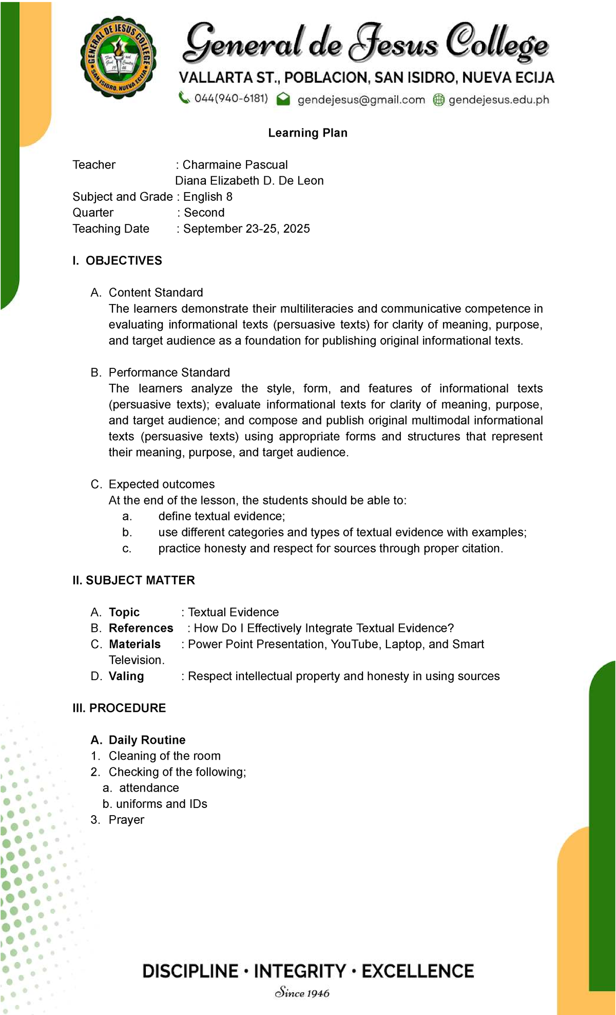 G.8 English 8 Learning Plan: Textual Evidence & Analysis - Studocu