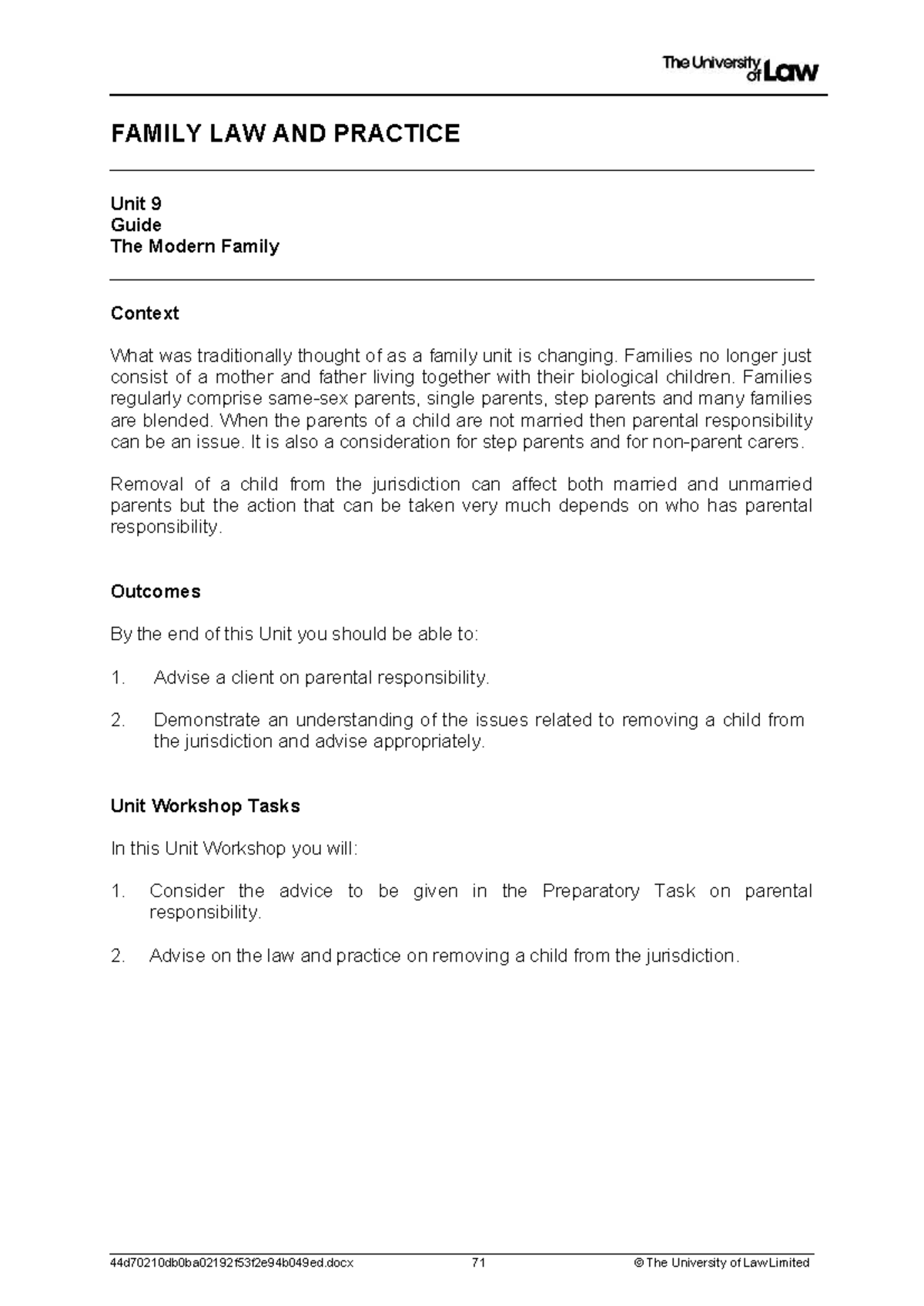 FAMILY LAW AND PRACTICE Unit 9 Workshop Guide: The Modern Family ...