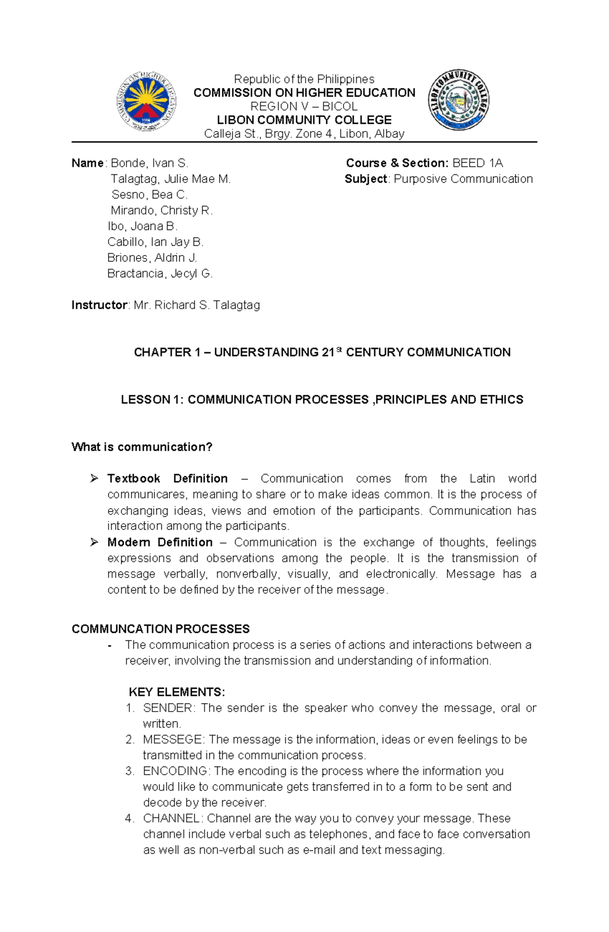 BEED 1A Purposive Communication: Chapter 1 Lessons Overview - Studocu