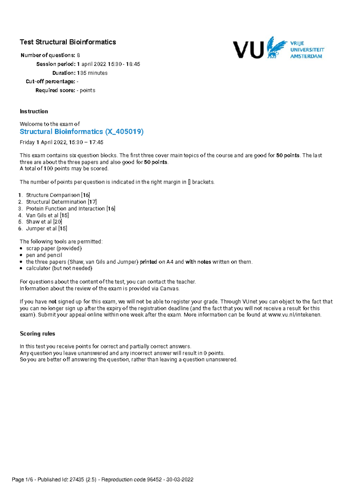 Structural Bioinformatics Exam (X_405019) - April 1, 2022 Details ...