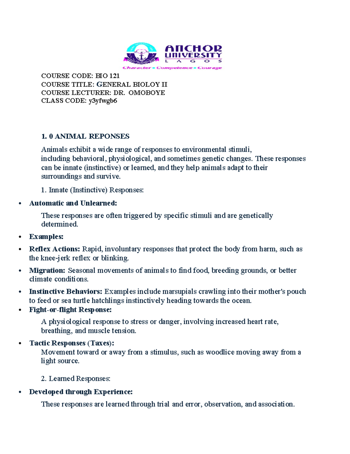 BIO 121 Lecture Note: Animal Responses & Tissue Types Overview - Studocu