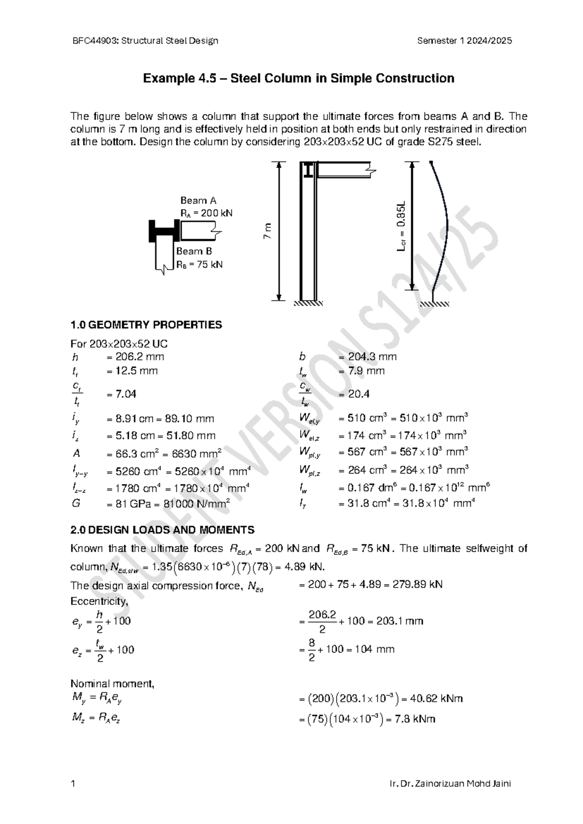 BFC44903: Structural Steel Design Semester 1 Example 4 - Steel Column ...
