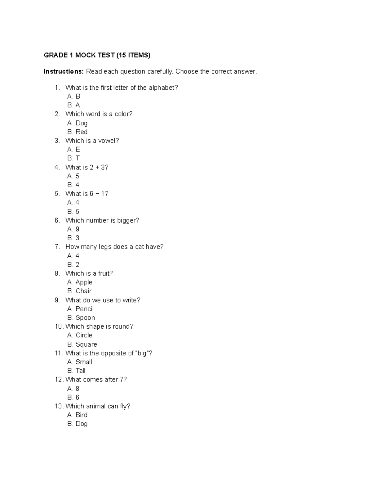 Grade 1 Mock Test: 15 Questions for Practice - Studocu
