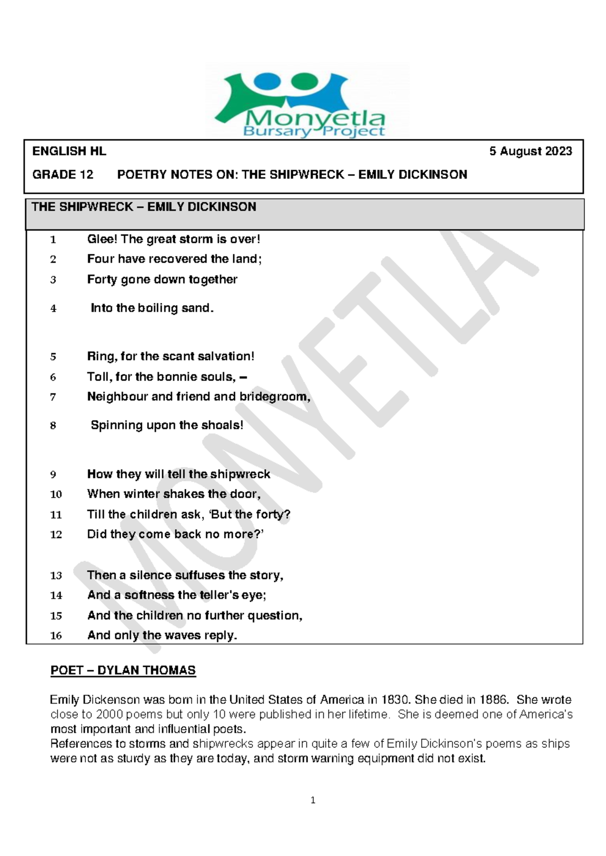 Grade 12 English HL Essay Notes: The Shipwreck by Emily Dickinson - Studocu