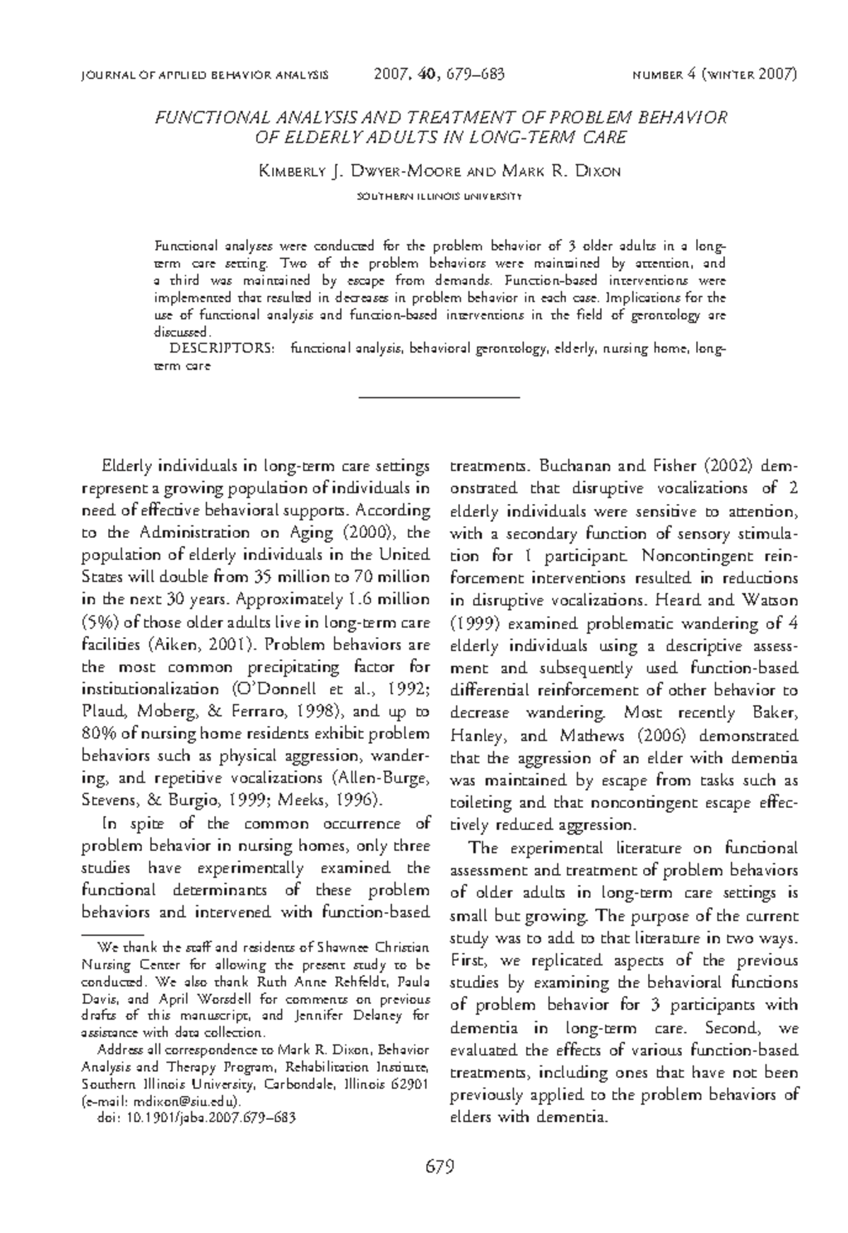 Functional Analysis & Treatment of Problem Behavior in Elderly Adults ...