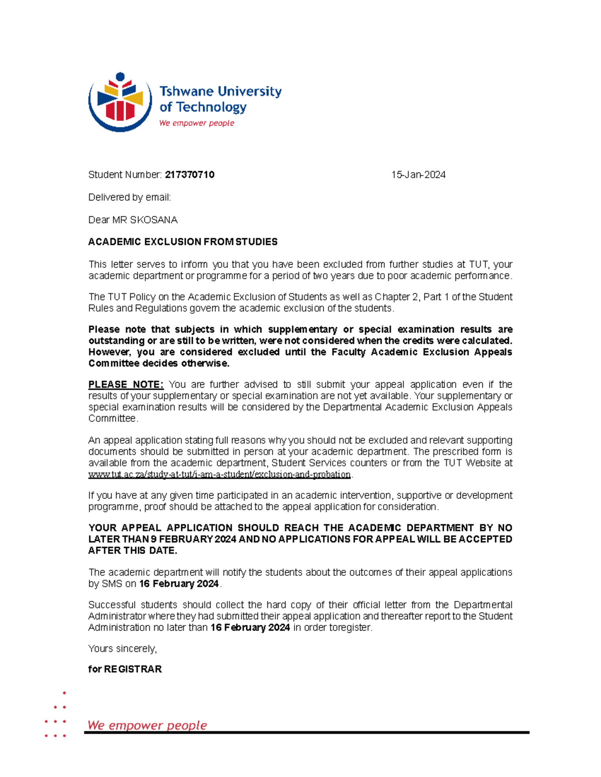 W31pkg - Academic Exclusion Appeal Guide for TUT Students - Studocu