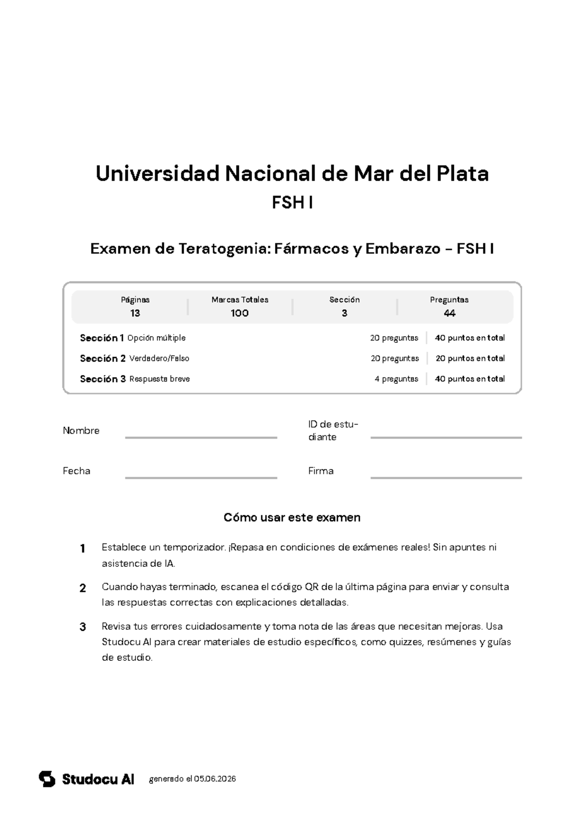 Examen Simulado de Teratogenia - FSH I - Studocu