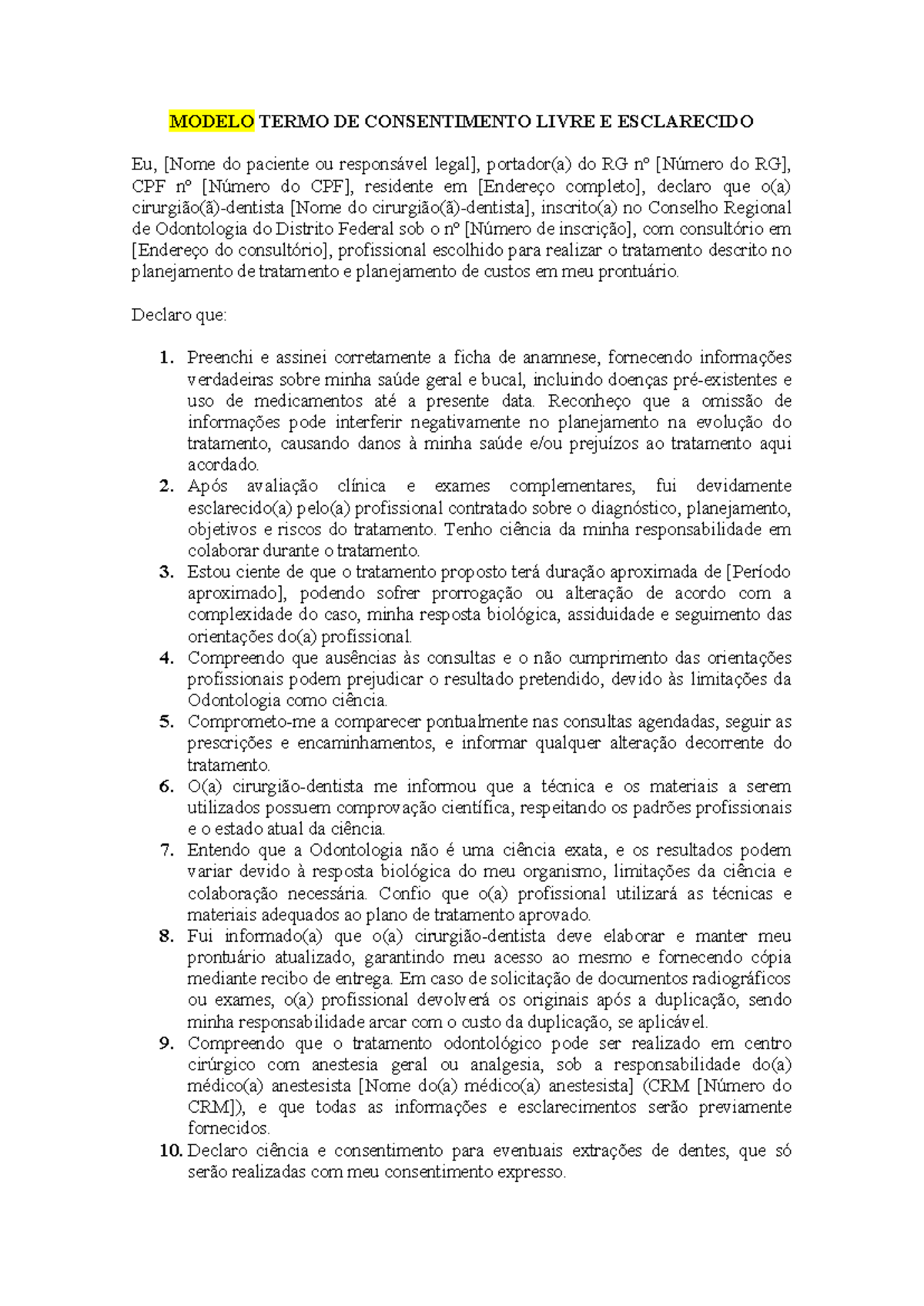 Modelo de Termo de Consentimento Livre e Esclarecido - TCLE - Studocu