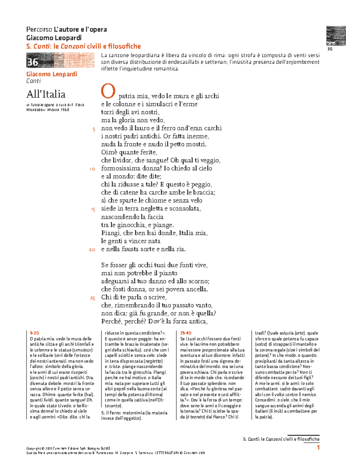 La poesia "All'Italia" di Giacomo Leopardi: analisi e commento - Studocu