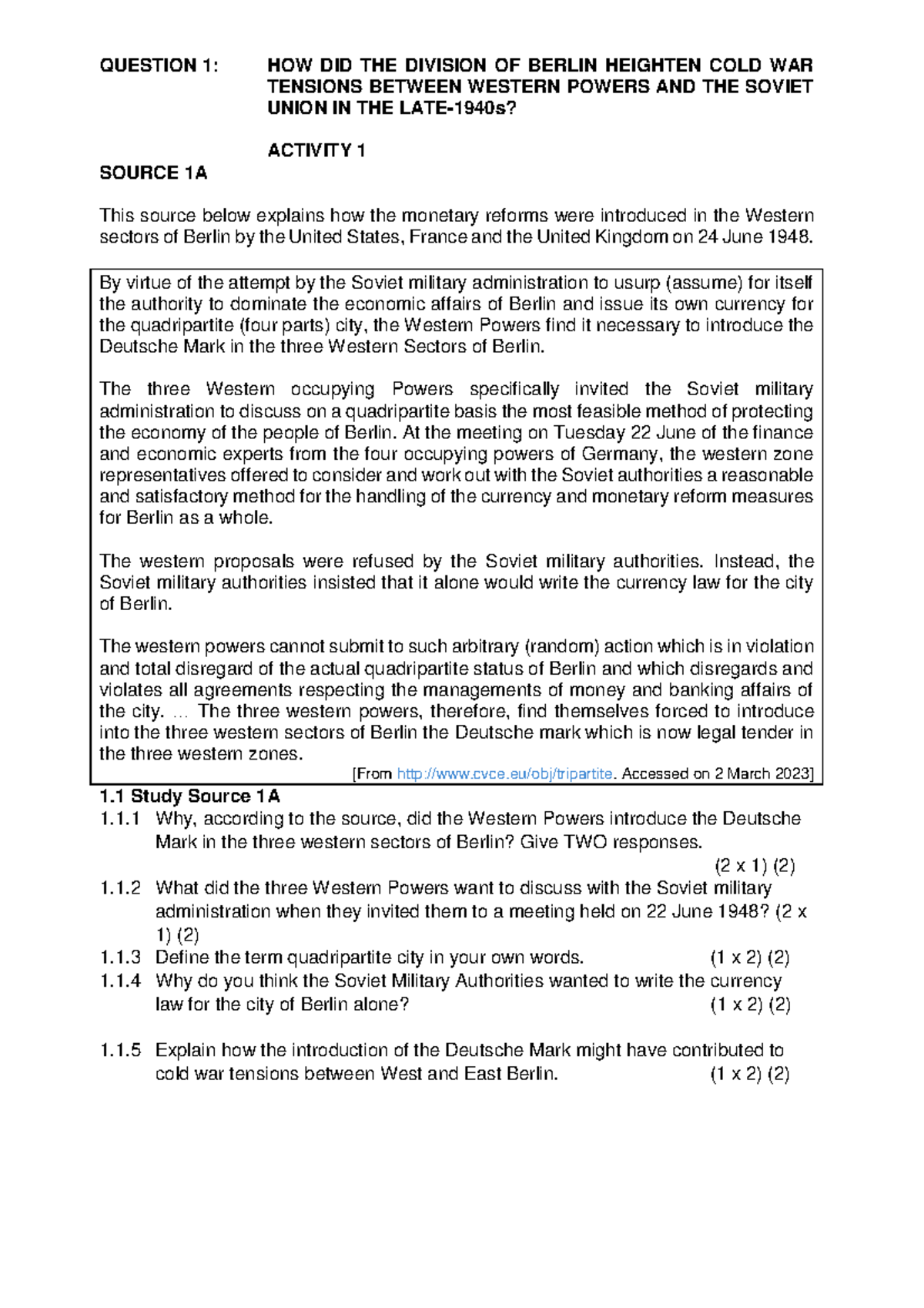 Final Exam: The Cold War and the Division of Berlin Activities (HIST101 ...