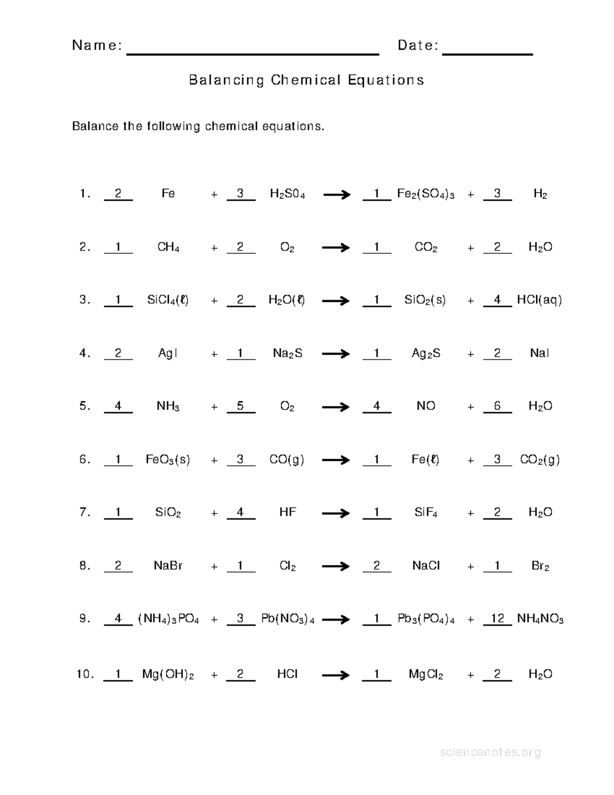 Balancing Chemical Equations - Key (SciNotes) - Studocu