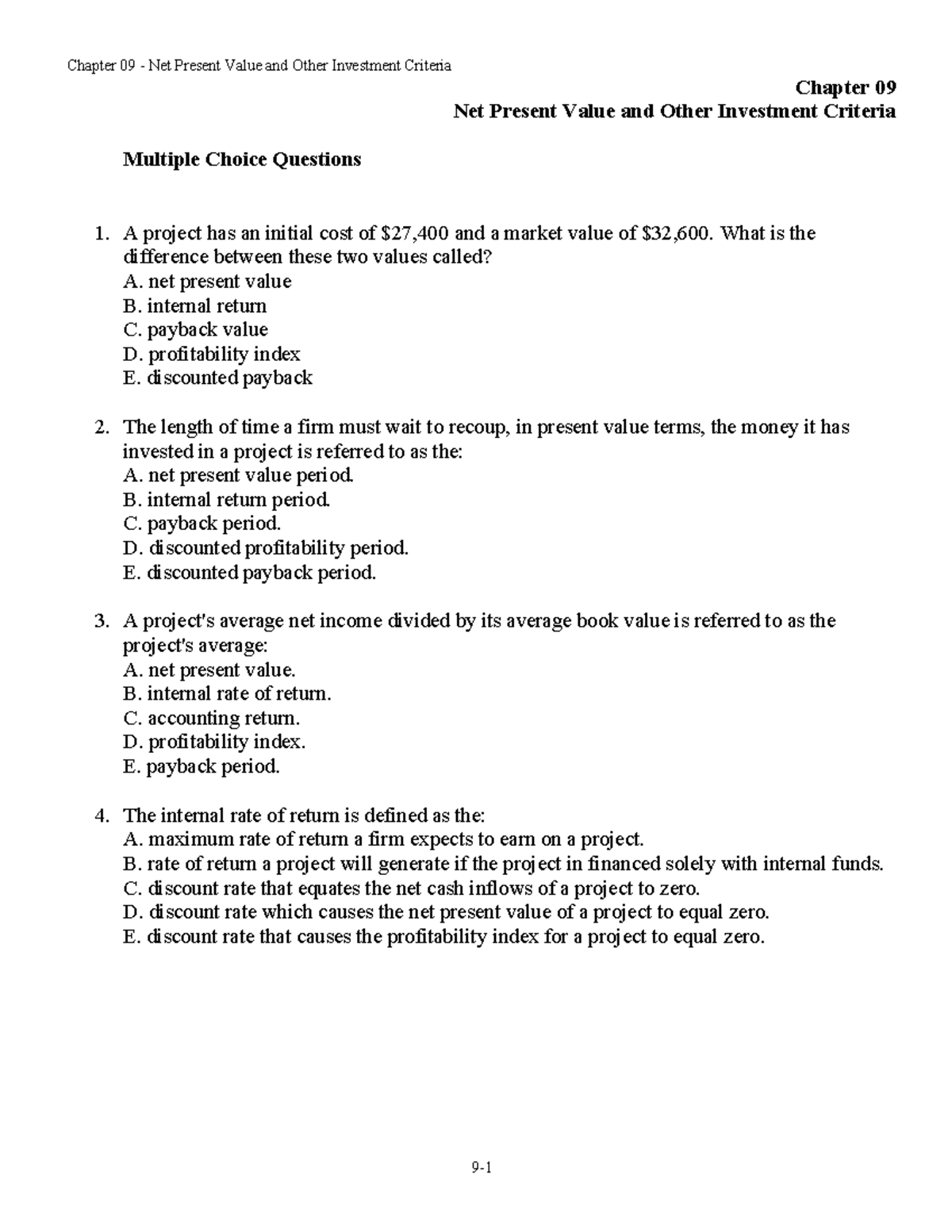 Chapter 09 - Multiple Choice Questions on Net Present Value Concepts ...